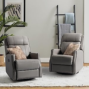 HULALA HOME Genuine Leather Swivel Rocker Recliners Set of 2 with Metal Base, Manual Glider Recliner Chairs with Adjustable Backrest & Footrest, Home Theater Sofa Armchairs for Living Room, Dove
