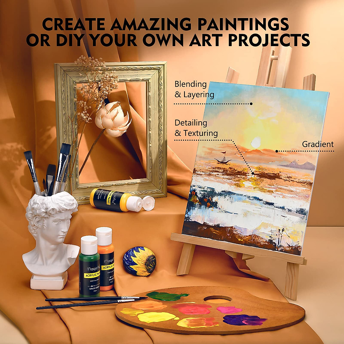 Magicfly Acrylic Paint Set (2fl oz/60ml), 20 Colours Outdoor Acrylic Paint with 3 Paint Brushes, Waterproof, Non-Toxic Craft Paints for Canvas, Wood, Rocks, Fabric, Leather, Ceramic and Model