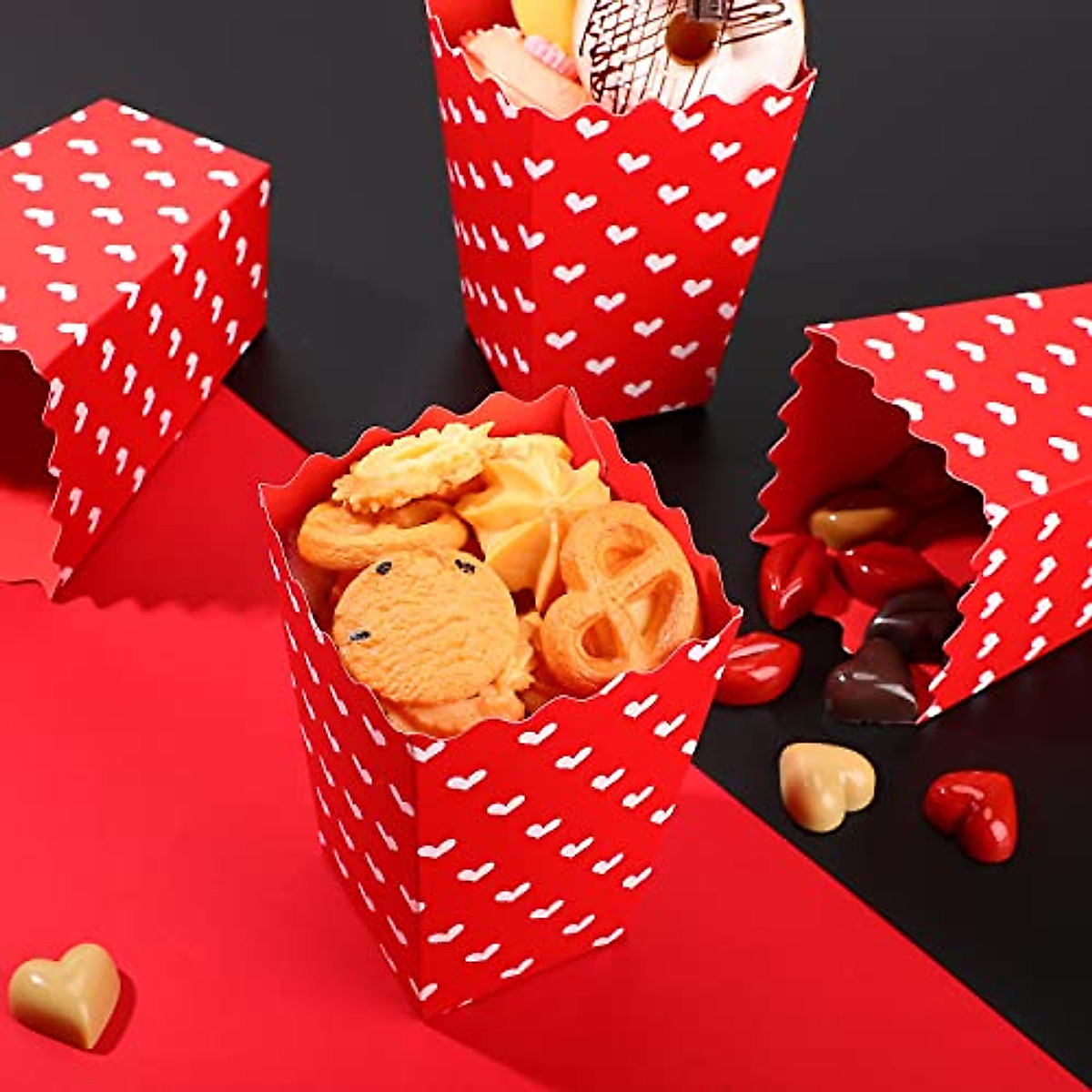 30 Pack Valentine's Day Conversation Hearts Candy Treat Boxes Valentine Hearts Party Favor Popcorn Treat Boxes Red Open Top Popcorn Box for Valentine Dessert Tables and Wedding Favors