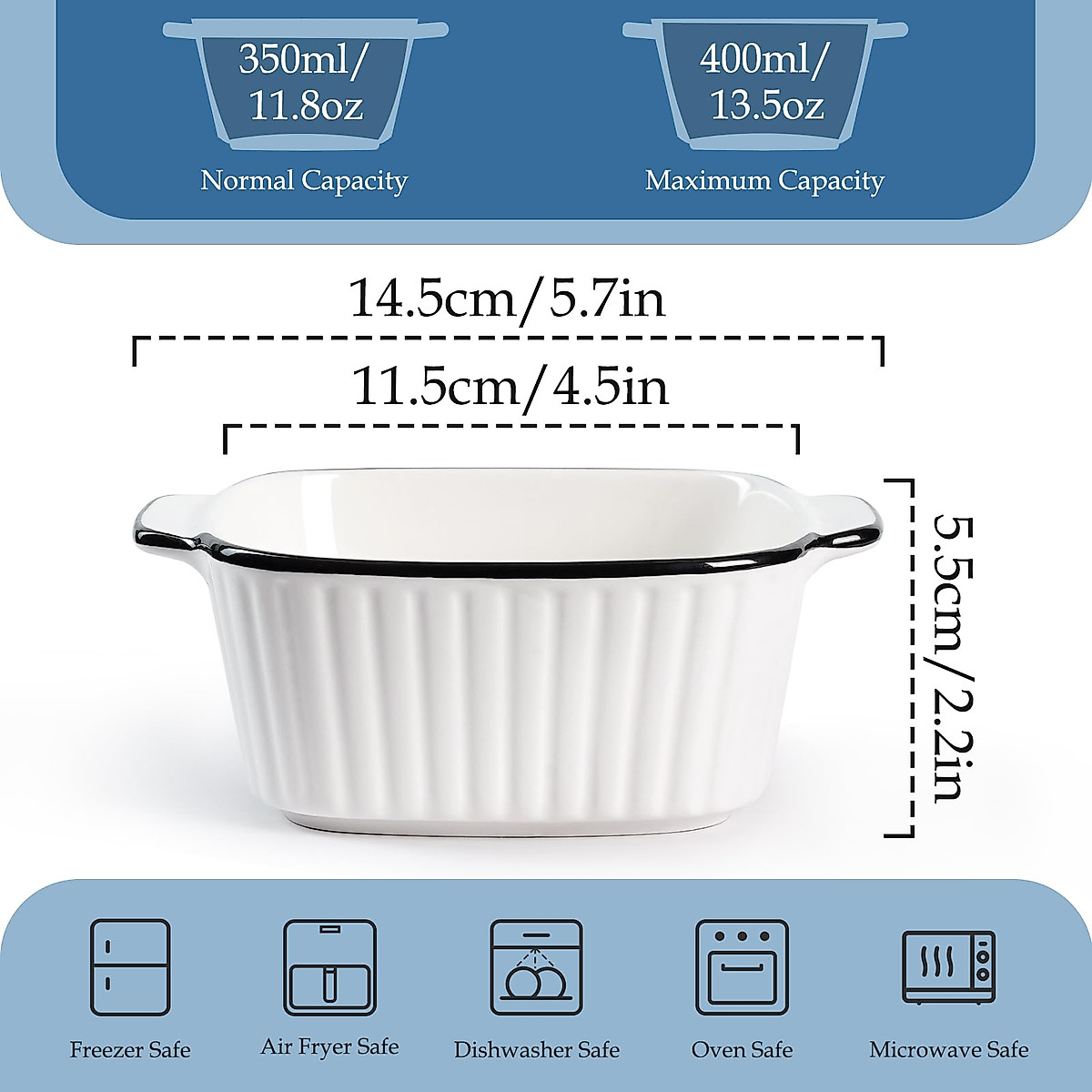 NUTRIUPS 13Oz Ceramic Baking Dishes set of 4, 5.5'' Square Baking Dishes, Small Baking Dish for Air Fryer, Ceramic Bakeware with Handles, Oven-Safe & Microwave-Safe