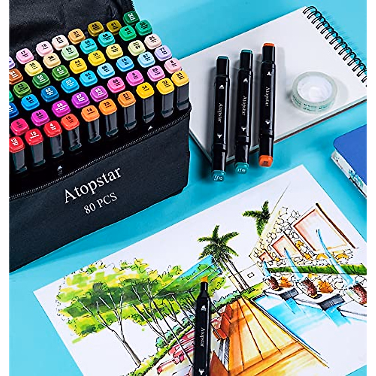 ATOPSTAR 80 Colors Alcohol Markers Artist Drawing Art Markers for Kids Dual Tip Markers for Adult Coloring Painting Supplies Perfect for Kids Boys Girls Students Adult(80 Black Shell)