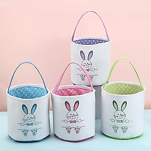 Waarms 2 Pack Easter Bunny Basket Bags for Kids, Canvas Cotton Personalized Egg Basket Hunt Bags Cute Rabbit Print Buckets for Easter Eggs, Candy, Gift (Blue, Purple)
