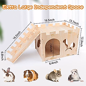 BWOGUE Extra Large Wooden Rabbit Castle Bunny House and Hideouts Detachable Small Animal Play Hideaway Hut for Indoor Adult Rabbit Guinea Pig Chinchilla Habitat
