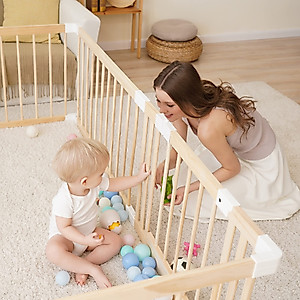 Wooden Baby Gate & Baby Playpen Play Yards for Babies and Toddlers, Large Baby Fence with Locking Gate Activity Center, Toddler Fence Play Area Indoor(63 * 47 * 24inch)