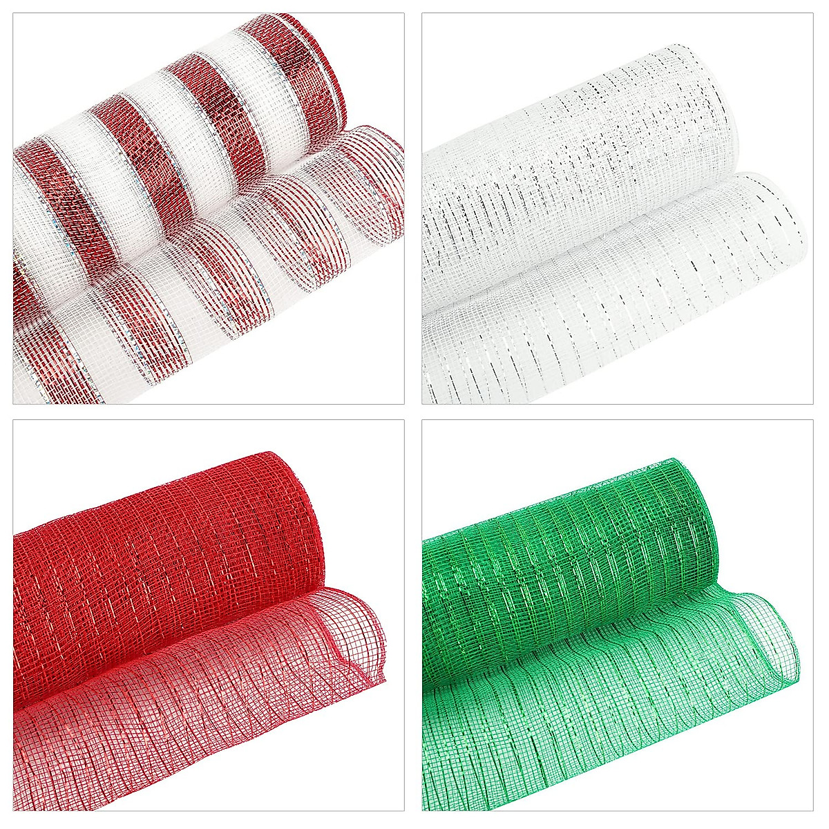 4 Roll Christmas Poly Mesh Ribbon, 10 Inch x 30 Feet Metallic Poly Mesh Ribbon Red Green and White Glitter Foil Mesh Ribbon Decorative Mesh Rolls for DIY Wreath Crafts Christmas Party Decoration
