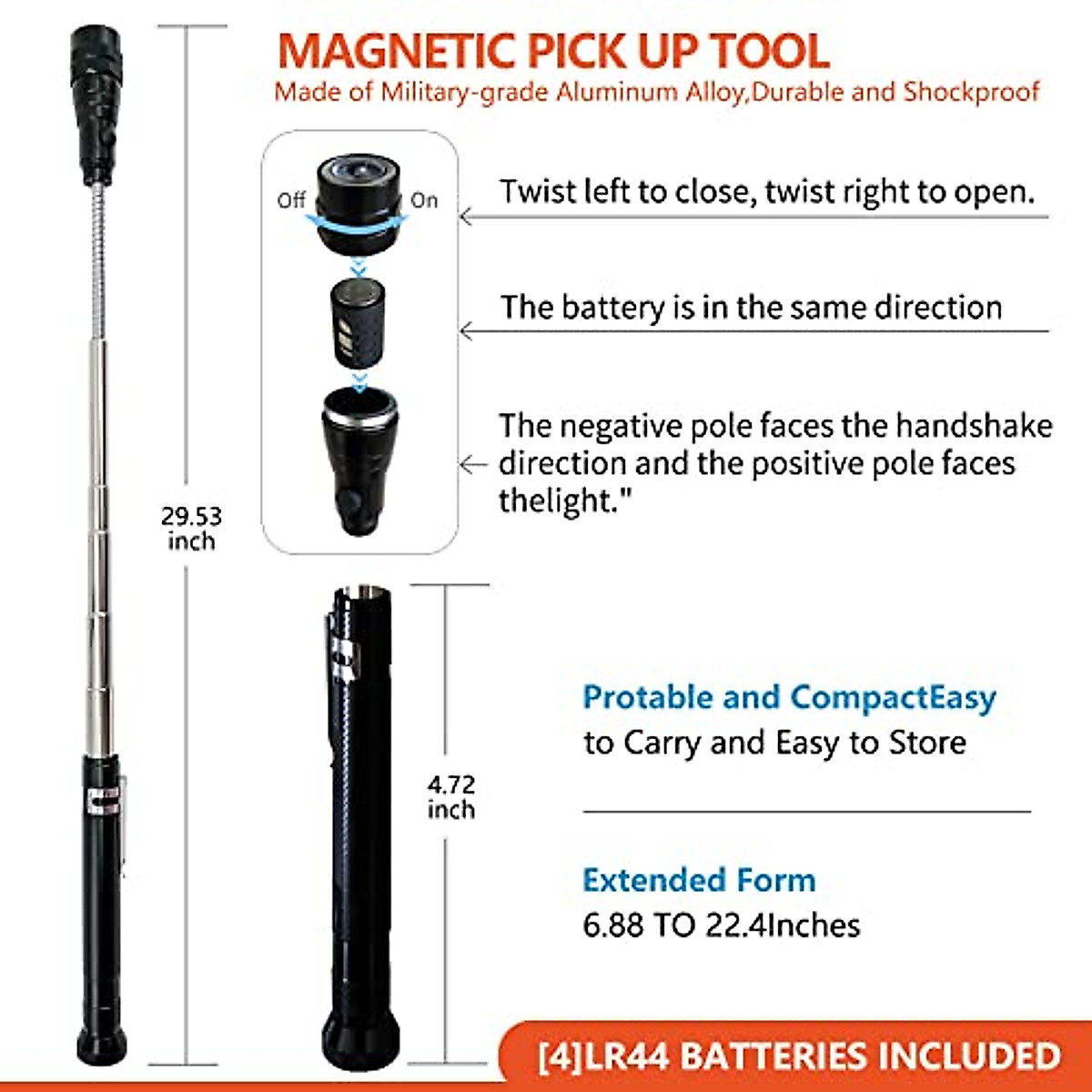 Valentines Day Gifts for Him, Gift for Mens 5Pcs Magnetic Pickup Tool, Christmas Birthday Gifts for Him, Telescoping Flexible Flashlight with Pick Up Rod, Round/Square Inspection Mirror for Mechanic