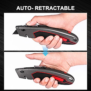 HAUTMEC Heavy Duty Utility Knife With Dual Cutting Mechanism，Safety Auto-Retracting and Precision 3 Position Depth Tough Cutting, Professional Retractable Box Cutter With 3 Black Sk4 Blades, HT0311