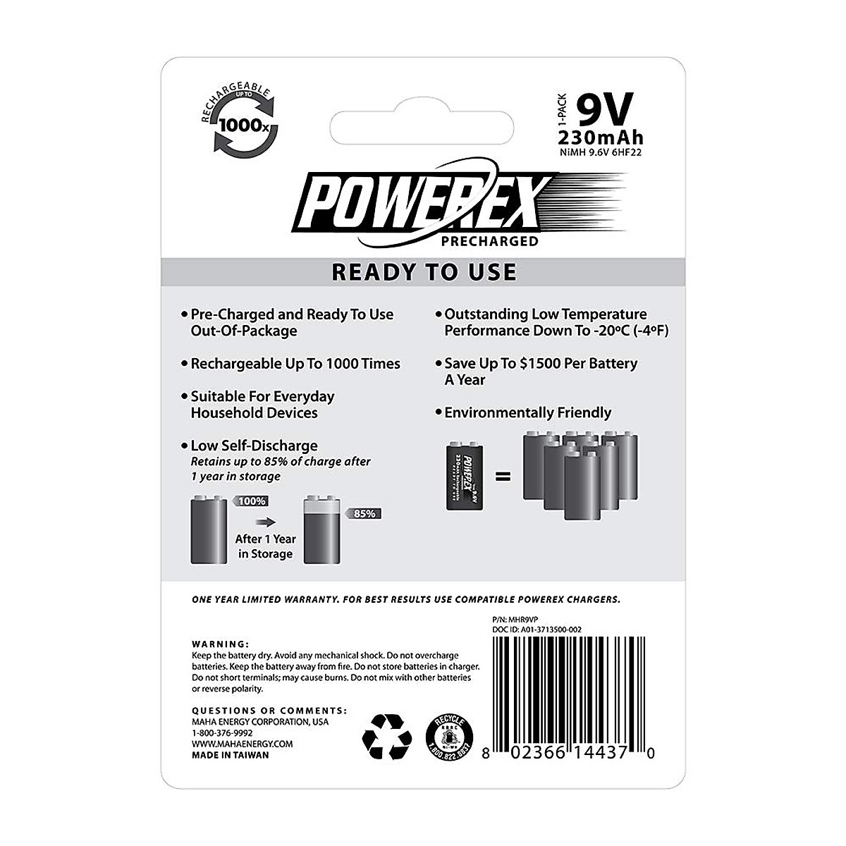 Powerex Low Self-Discharge Precharged 9V(9.6V) Rechargeable NiMH Batteries (MHR9VP), 1-pack