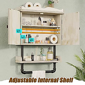 GREENSTELL Bathroom Wall Cabinet with Adjustable Shelf and 2 Hooks, 25.6''x16.1'' Double Doors Medicine Cabinet Wall Mounted with Hanging Bar, Light Solid Wood Storage Cabinet Kitchen, Grey