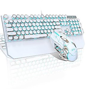 Typewriter Mechanical Gaming Keyboard and Mouse Combo, Retro Punk Round Keycap Blue LED Backlit USB Wired Computer Keyboard for Game and Office, for Windows Laptop PC, Red Switches(White)