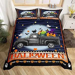 Feelyou Halloween Duvet Cover Full Size with 2 Pillow Cases Halloween Decor Comforter Cover Happy Halloween Bedding Set Black Cartoon Truck Bedspread Cover for Kids Adults