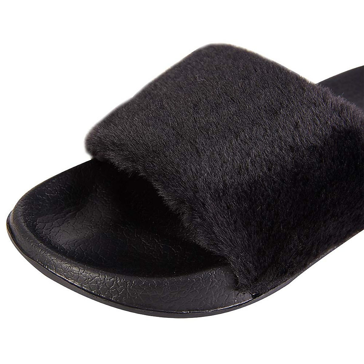 FUNKYMONKEY Women's Slides Faux Fur Cute Fuzzy Slippers Comfort Flat Sandals (9-10 M US, Black)