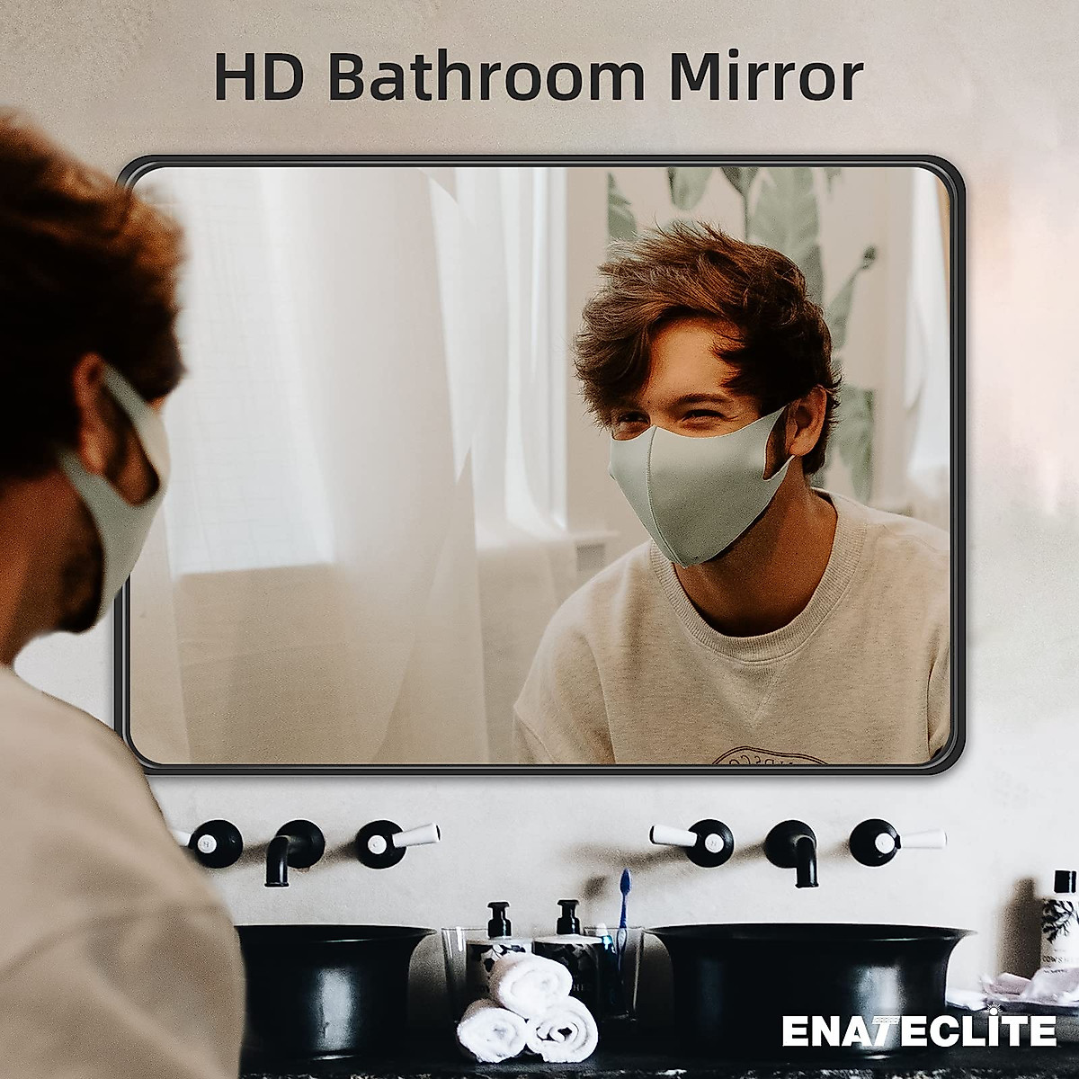 Black Bathroom Mirror for Wall, 24" x 36" Black Metal Framed Rounded Rectangle Mirror, Matte Black Vanity Mirror Farmhouse, Anti-Rust, HD Float Glass, Hangs Horizontal or Vertical