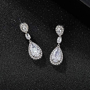 SWEETV Teardrop Wedding Bridal Earrings for Bridesmaids, Brides- Crystal Cubic Zirconia Rhinestones Dangle Earrings for Women, Prom Bridal Wedding Jewelry, Silver