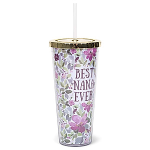 Mary Square Best Nana Ever Purple Salem Floral 24 Ounce Straw Tumbler with Goldtone Lid