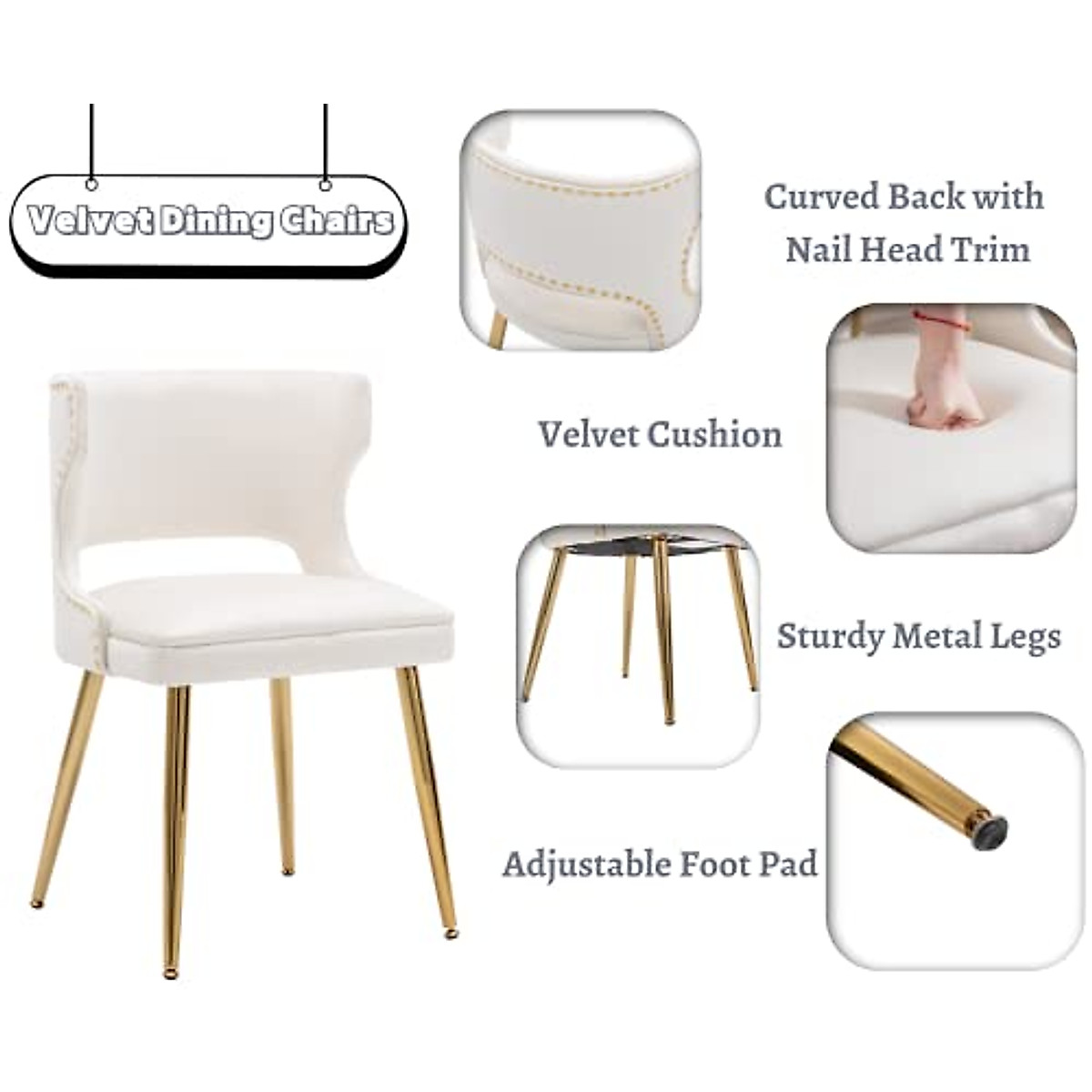 EALSON Velvet Dining Chairs Set of 2 Comfy Upholstered Dining Room Chairs with Gold Metal Legs Modern Accent Kitchen Chairs Armless Side Chairs for Living Room/Dining Room, Beige