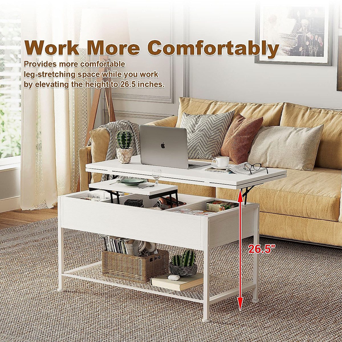 cosimates Lift Top Coffee Table ，4 in 1 Multi-Function Coffee Table with Hidden Compartment ，Convertible Dining Table for Living Room Reception,Home Office, White