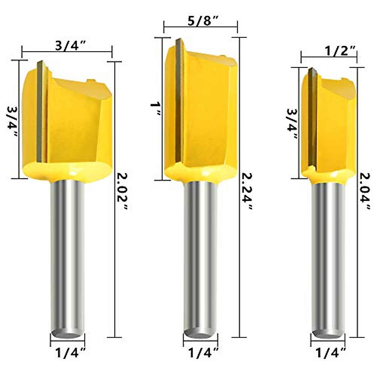 MEIGGTOOL 5Pcs Straight Dado Router Bit Set, 1/4-Inch Shank Round Nose, Cutting Diameter: 1/4, 3/8, 1/2, 5/8, 3/4 Inch