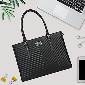 MOSISO Laptop Tote Bag for Women, 15.6 inch Computer Bag Compatible with MacBook, HP, Dell, Asus Notebook, 16 inch Large Capacity Quilted Leather Laptop Handbag with Clutch Purse, Black