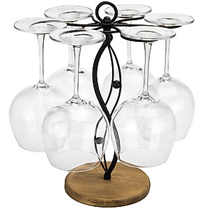 MyGift Black Metal Countertop Wine Glass Holder with 6 Hooks, Tabletop Stemware Display Rack with Burnt Wood Base - Holds 6 Wine Glasses