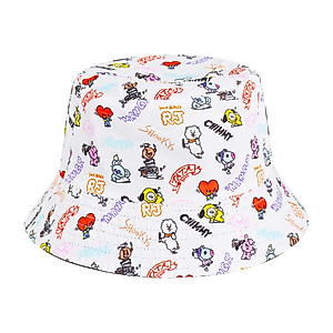 BT21 LINE Friends Bucket Hat, Graffiti Style Reversible Packable Travel Hat, Wide Brim Summer Hat, Multi, One Size