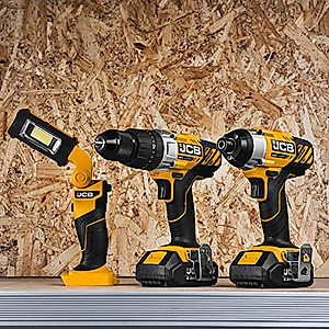 JCB Tools - 20V, 3-Piece Power Tool Kit - Hammer Drill Driver, Impact Driver, LED Work Light, 2 x 2.0Ah Batteries, Fast Charger and Tool Bag - For Home Improvements, Drilling, Masonry, Screw Driving