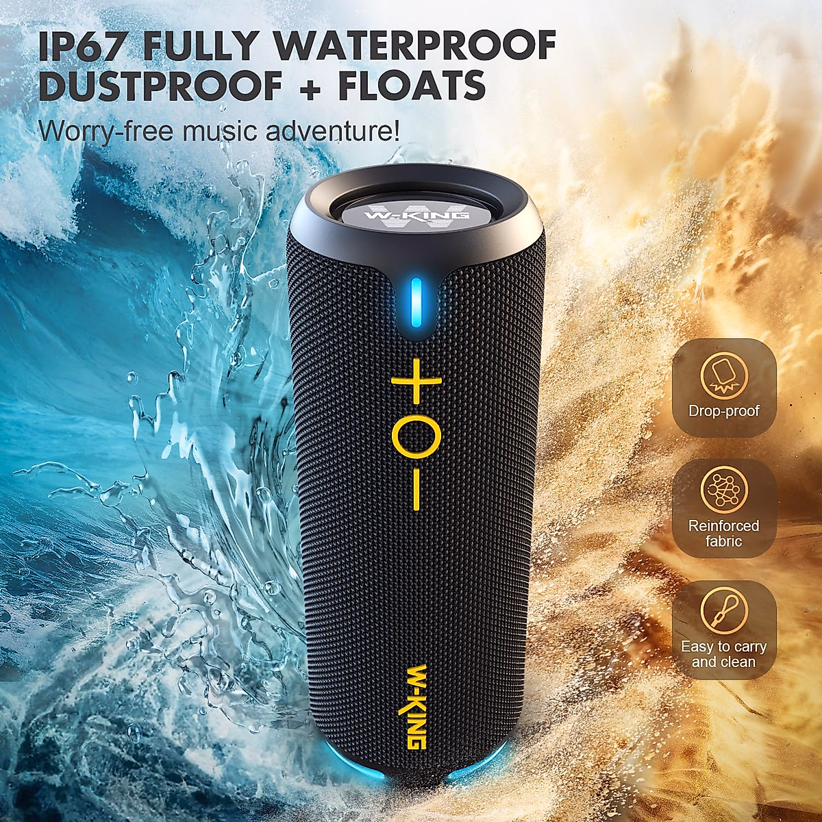 W-KING Bluetooth Speakers - IP67 Waterproof Outdoor Portable Wireless Speaker, Customized EQ APP/Deep Bass, 40W HD 360° Stereo Surround Sound with Lights/V5.3/DSP/TF/AUX, Dustproof for Shower, Camping