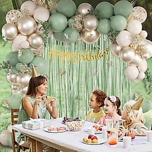 Sage Green Birthday Party Decorations with Happy Birthday Banner Green Fringe Curtain Butterfly Decorations Foil Balloons Happy Birthday Decorations for Women Adults