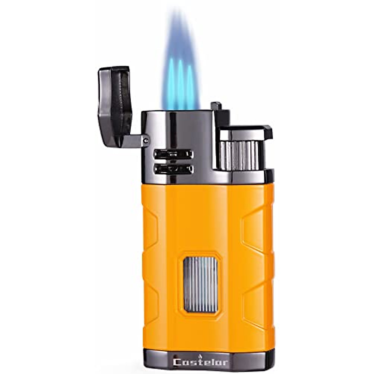 Castelar Torch Lighter Triple Jet Flame Refillable Butane Lighter with Punch Rest Holder - Butane Not Included (Yellow)
