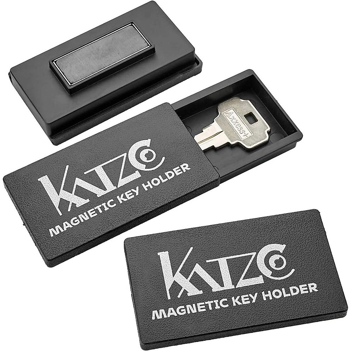 Katzco Magnetic Key Holder - 3 Pack - 1.25 x 2.75 Inches - Rugged Black Plastic Cases with Strong Magnets - for Safe Compartments, Extra Car Keys, House, and More