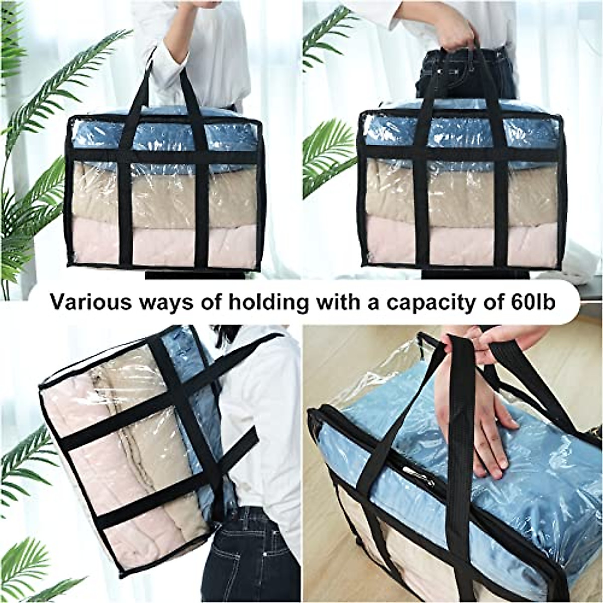 Fixwal Clear Clothes Storage Bags PVC Organizers Vinyl Bags for Comforter,Blanket,Bedding,Duvet,Transparent Moving Totes with Reinforced Handle & Zipper, 4 Pack 18x15x9 Inch