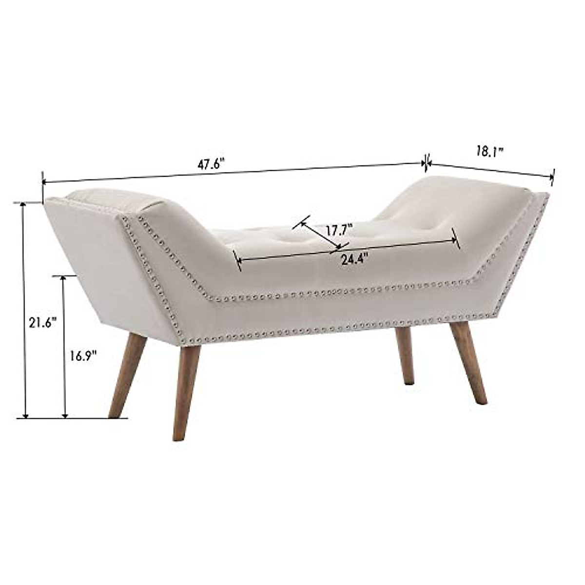 Kmax Upholstered Bedroom Bench with Arms, Button Tufted Velvet Fabric Vanity Bench with Nailhead Trim & Rubber Wood Legs, Cream