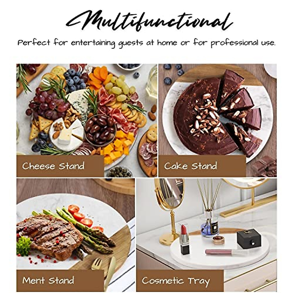 Flexzion Round Marble Cheese Board - 11 Inch White Marble and Wood Cheese Board for Charcuterie, Cheese, Cutting, Pastry, Trivet - Non-Stick and Heat Resistant Marble Board