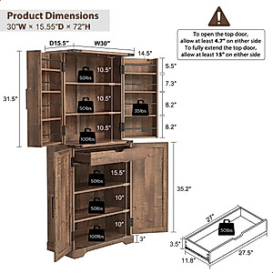 ACCOHOHO 72" Tall Kitchen Pantry, Farmhouse Storage Cabinet with Barn Doors, Organizer, Drawer and Adjustable Shelves, Rustic Wood Cupboard for Kitchen, Dining Room, Bathroom, Rustic Brown