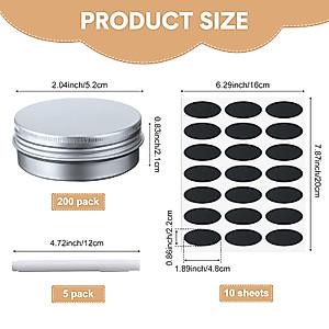 Zubebe 200 Pack Metal Tins Aluminum Containers with Lids Screw Top Round Tin Cans for Cosmetic Lip Balm DIY Salves Candles Wax with 5 Markers 10 Sheets Label Stickers (1 oz, Silver)