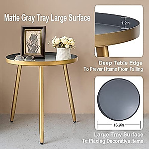AOJEZOR Round End Table Ideal for Any Room, Metal Structure Side Tables Great For Living Room, Bedroom, Indoor, Outdoor, Matte Gray Tray with 3 Gold Legs Accent