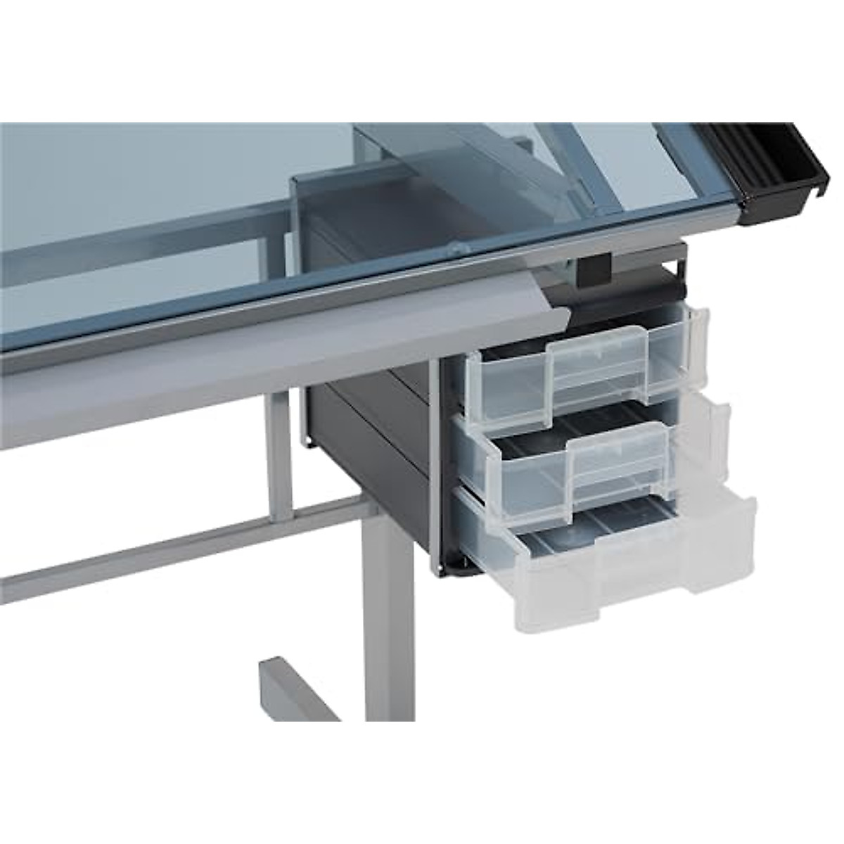 Studio Designs Vision Craft and Drawing Station - 35.5" W by 23.75" D Silver-Blue Glass Top Drafting Table with Pencil Drawers, Side Trays, & Built-In Pencil Ledge - Angle Adjustable Work Surface