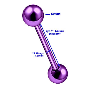 Purple Titanium 14 gauge 9/16 14mm Tongue Rings Jewelry Piercing Nipple 6mm Ball M5293
