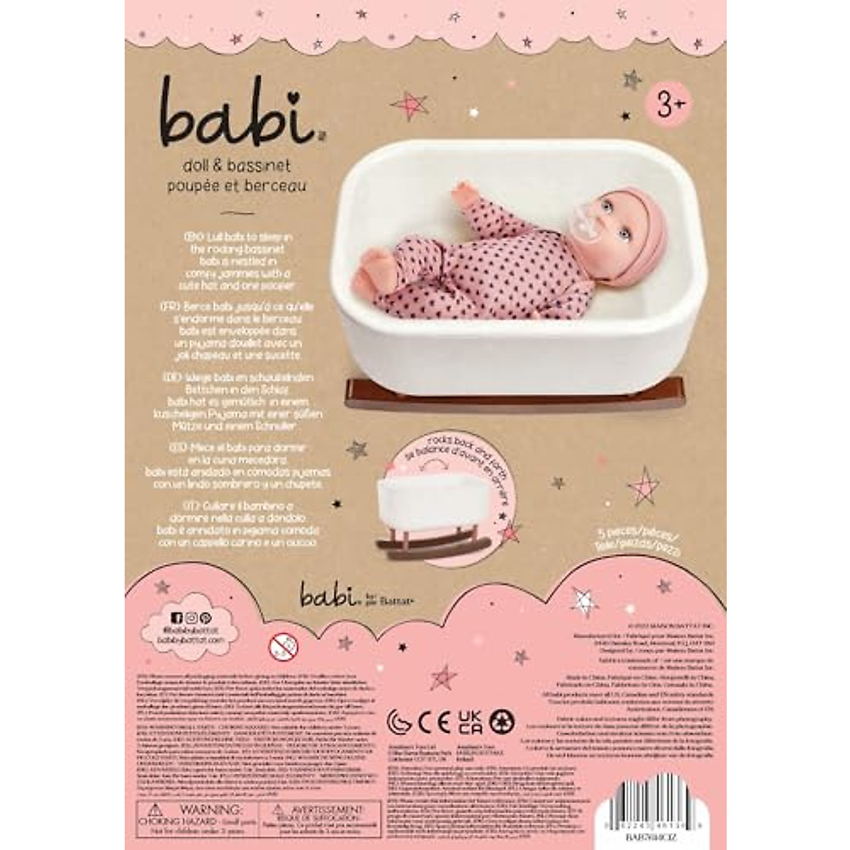 Battat Babi 14-inch Baby Girl Doll & Bassinet – Medium-Light Skin Tone & Gray Eyes – Removable Heart Polka Dot Pajama with Pacifier – Rocking Cradle Pretend-Play–Toys for Kids Ages 3 and Up