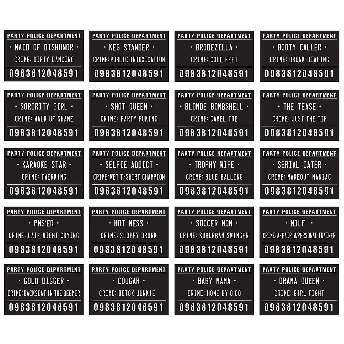 20 Funny Mugshot Signs (Black & White) - Selfie Photo Booth Prop Party Supplies for Bachelorette Party Games, Bridal Shower, Girls Night Out, Birthday, Wedding, Event Decoration Idea - Haute Soiree