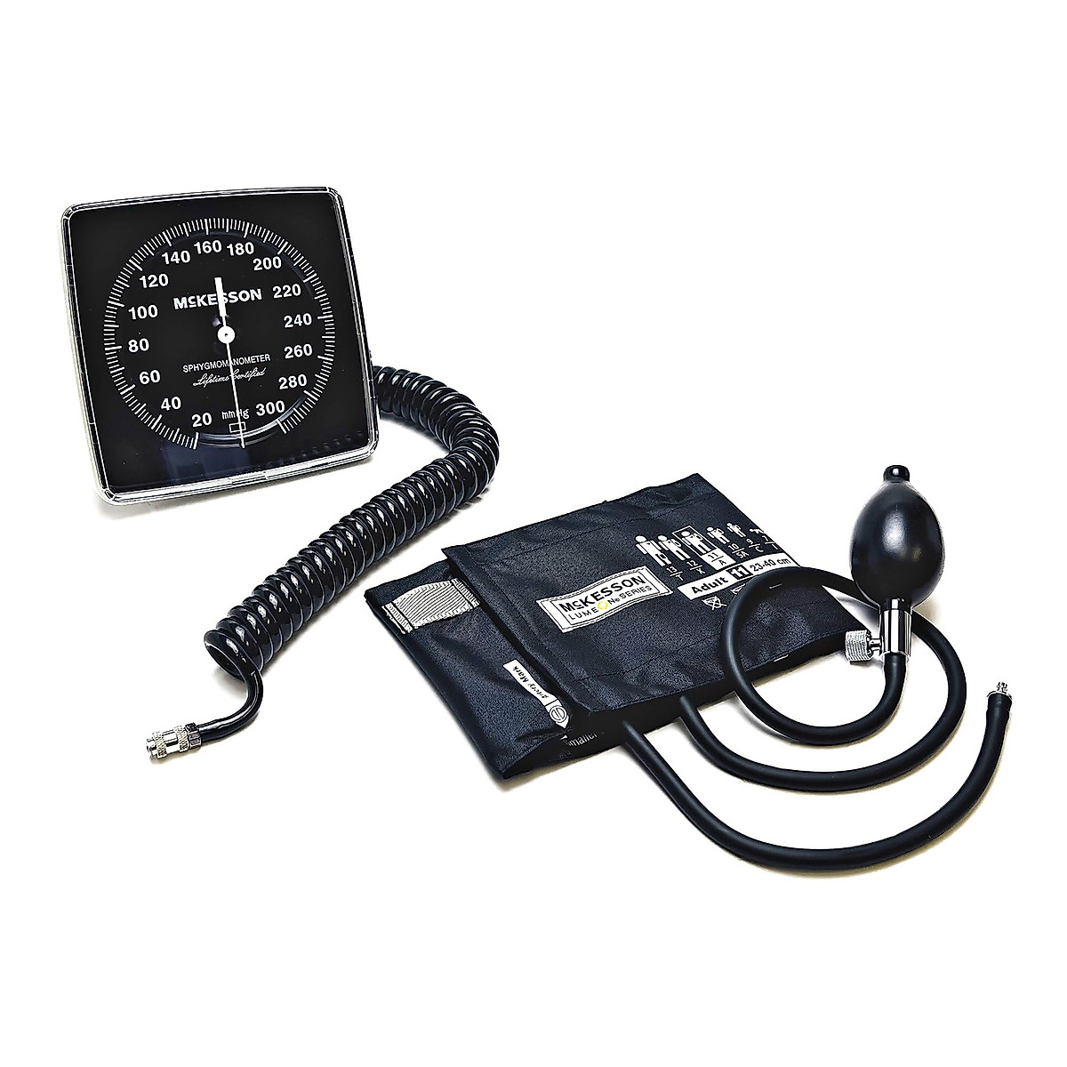 McKesson LUMEON Clock Aneroid Sphygmomanometer, Blood Pressure with Cuff, Wall Mounted, Black, Adult Medium, 1 Count
