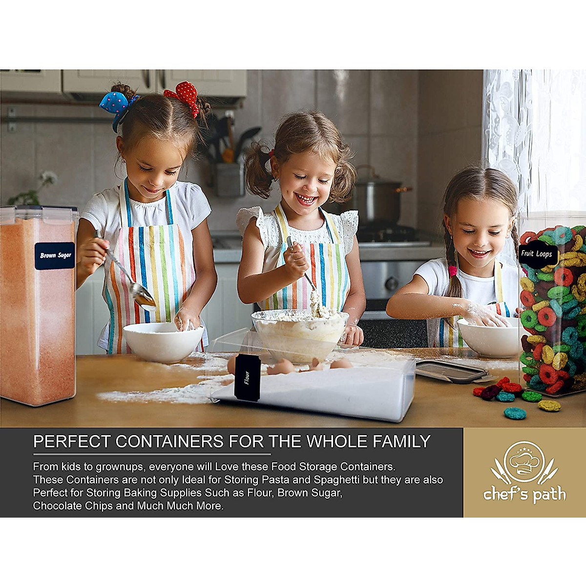 Chef's Path - Kitchen Storage Box Set - 8 Airtight Food Jars for Storing Spaghetti, Pasta, Flour, Cereals, Pet Food Preservation, BPA Free (3 quarts)