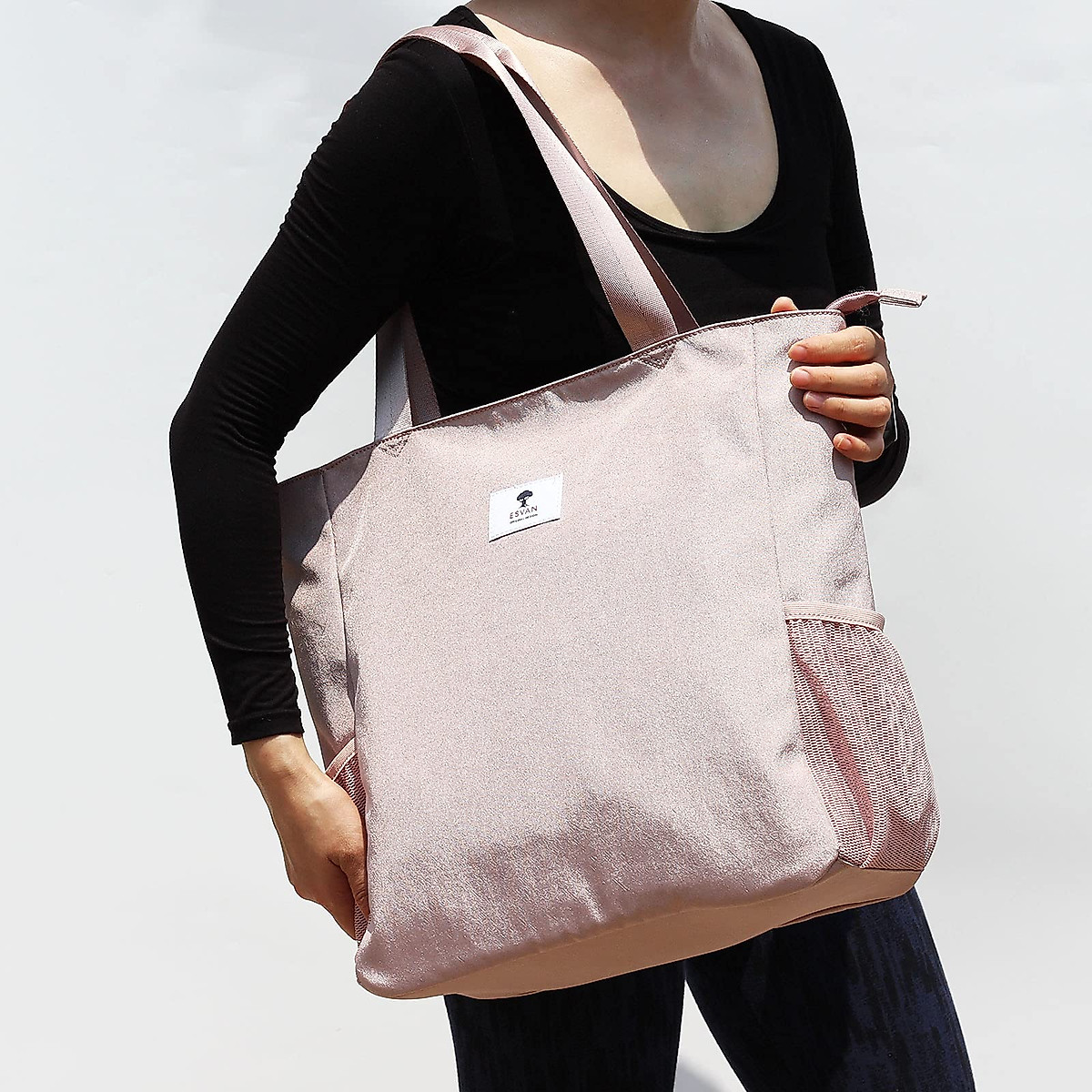 ESVAN Original Floral Water Resistant Large Tote Bag Shoulder Bag for Gym Beach Travel Daily Bags Upgraded ([Z] Pink Flower)