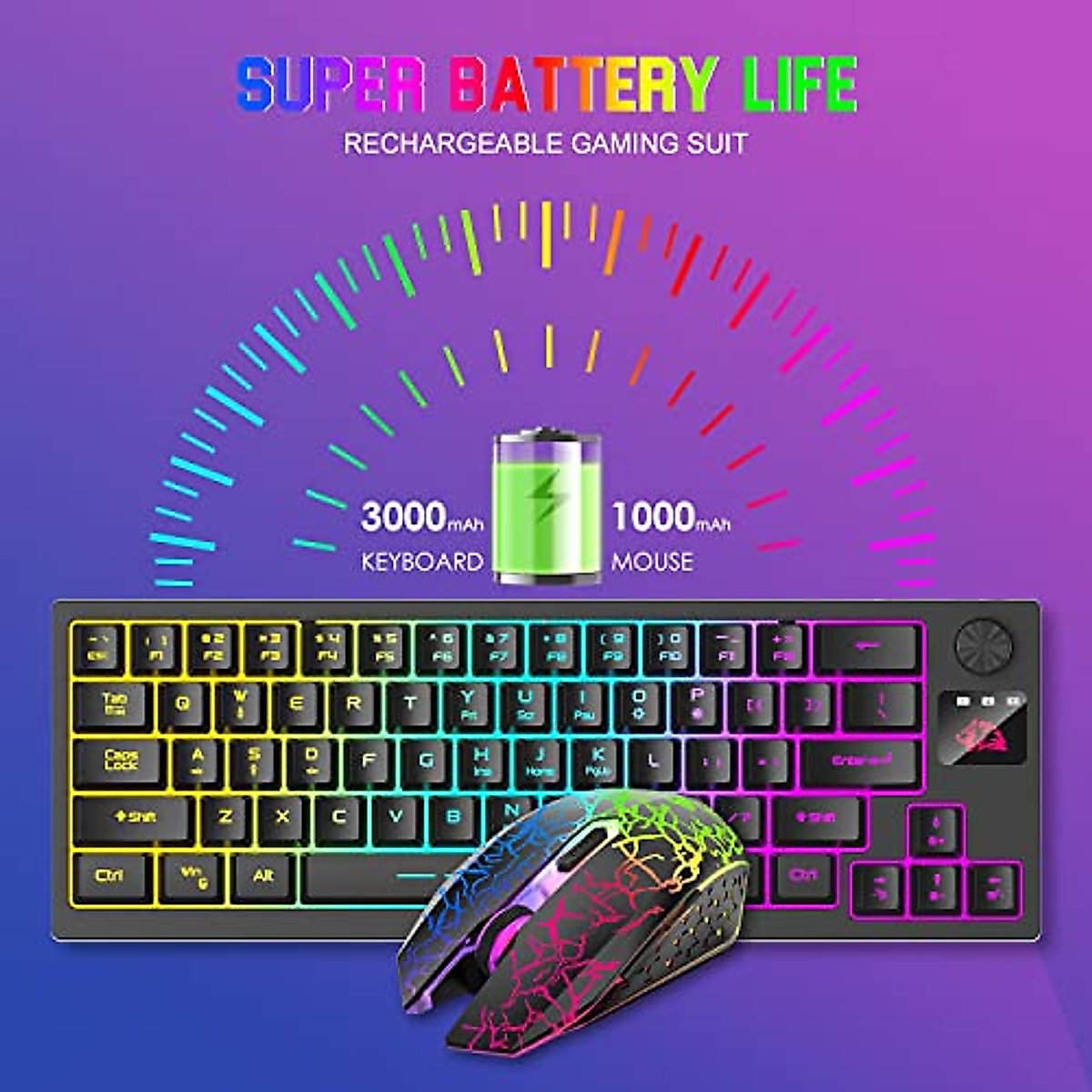 Wireless Gaming Keyboard and Mouse Combo,12 RGB Backlit with Rotary Knob,Long-Lasting Rechargeable Battery 4000mAh,N-Key Rollover,Quick and Quiet Typing Keyboard and Mouse for PC PS4 PS5(Black)