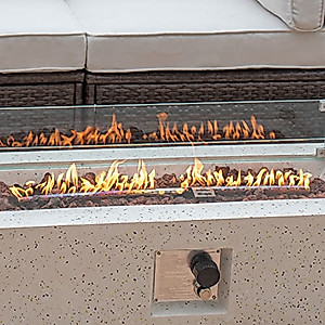 COSIEST 2-Piece Outdoor Propane Fire Pit Table Set w Tank Table, 42-inch Terrazzo Rectangle Fire Table (50,000 BTU) w 16 inches Tank Cover Side Table 20lb, Wind Guard, Rain Cover for Garden, Pool