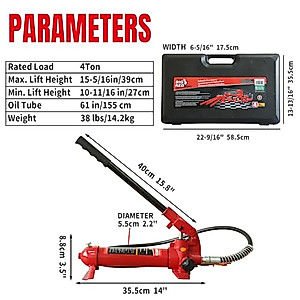 BIG RED 4 Ton Porta Power Kit, 17-Pcs Hydraulic Ram Auto Body Frame Repair Kit With Blow Mold Carrying Storage Case, 8000 Lbs Capacity,Red, T70401S Torin