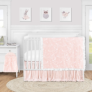 Sweet Jojo Designs Pink Floral Vintage Lace Baby Girl Nursery Crib Bedding Set - 4 pieces - Solid Light Blush Crinkle Crushed Velvet Luxurious Elegant Princess Boho Shabby Chic Luxury Flower Ruffle