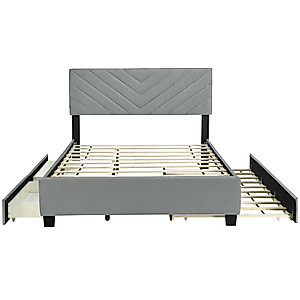 Linique Queen Size Upholstered Platform Bed with Headboard, Trundle and 2 Storage Drawers, Wooden Bed Frame, Grey