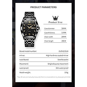 OLEVS Watch for Men Business Dress Diamond Analog Quartz Date Luxury Men Watches Black Casual Stainless Steel Waterproof Luminous Two Tone Man Wrist Watch Square