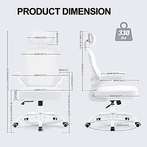 TUKAKA Ergonomic Office Chair,Ultra Thick Office Desk Chair with Adjustable Lumbar Support and Headrest,Spring Cushion,Rocking Function,Flip-up arms,Mesh Computer Chair for Home Office,White